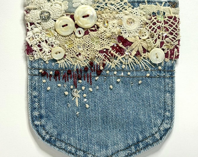 Upcycled Denim Pocket Patch #1 - Lace Buttons and Slow Stitch - Etsy