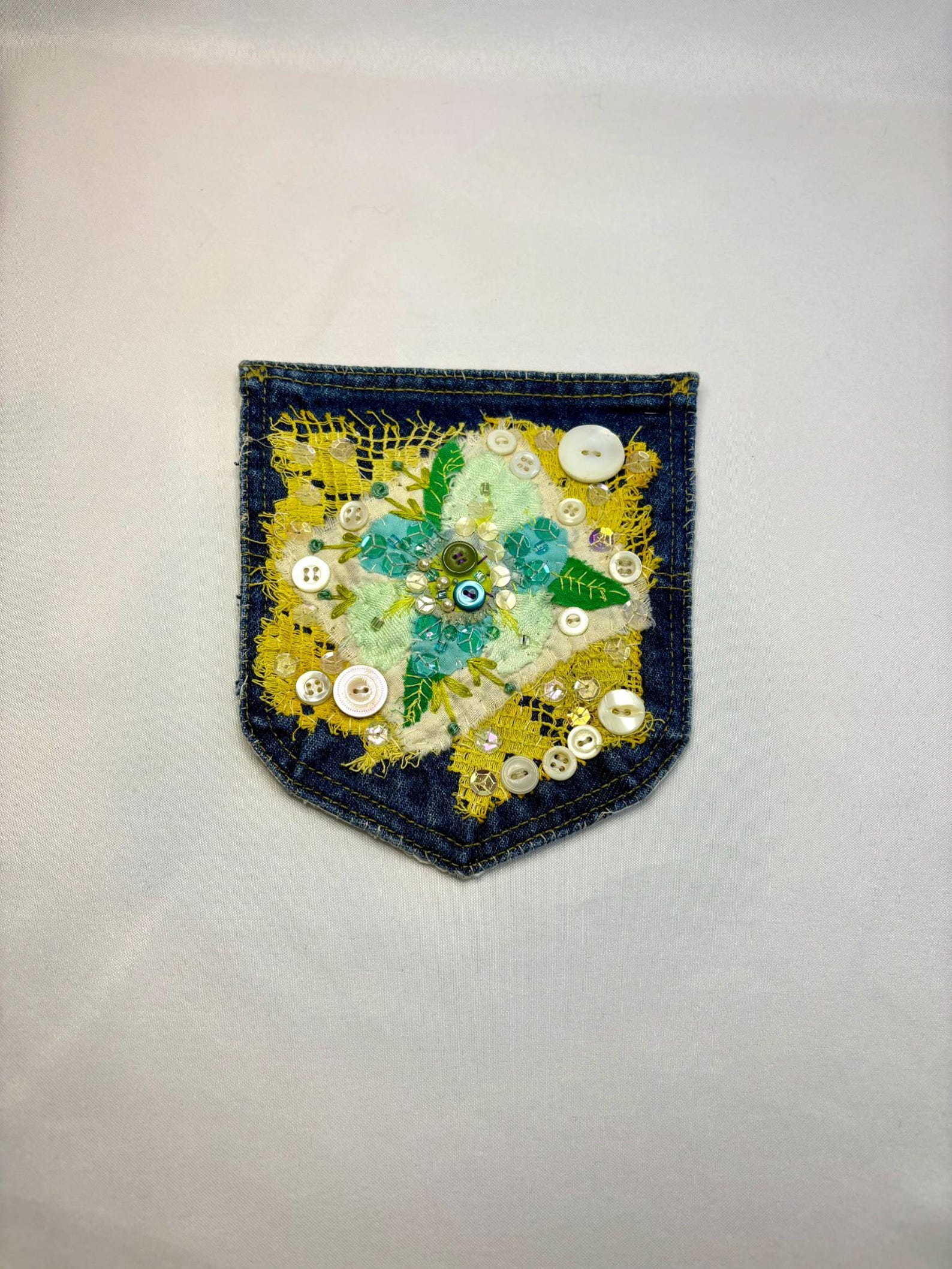 Upcycled Denim Pocket Patch – Appliqued Floral Design, Vintage Buttons ...