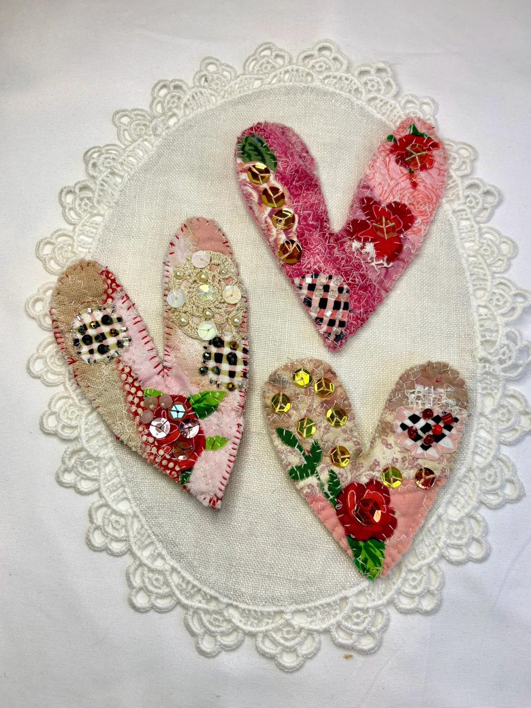 Textile Heart Patches - (set of 3) Embellished Fabric Collage - Pink ...