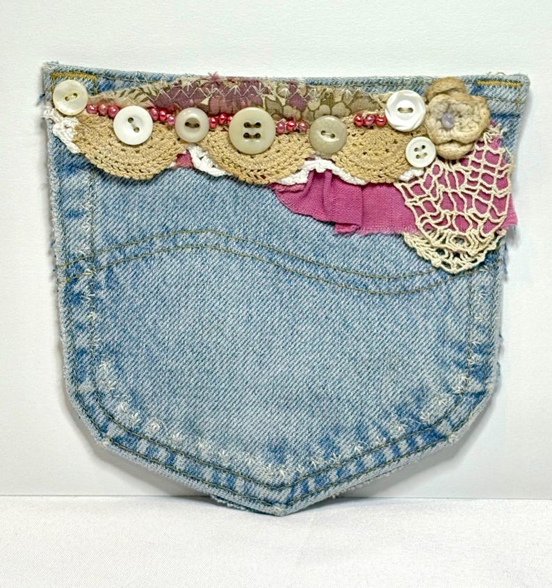 Upcycled Denim Pocket Patch | Lace Buttons Pink Ruffle - Etsy