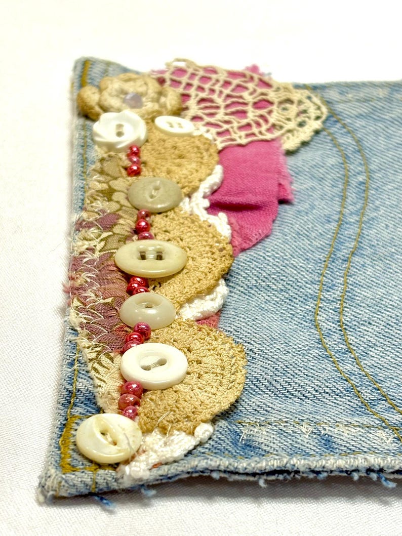 Upcycled Denim Pocket Patch | Lace Buttons Pink Ruffle - Etsy