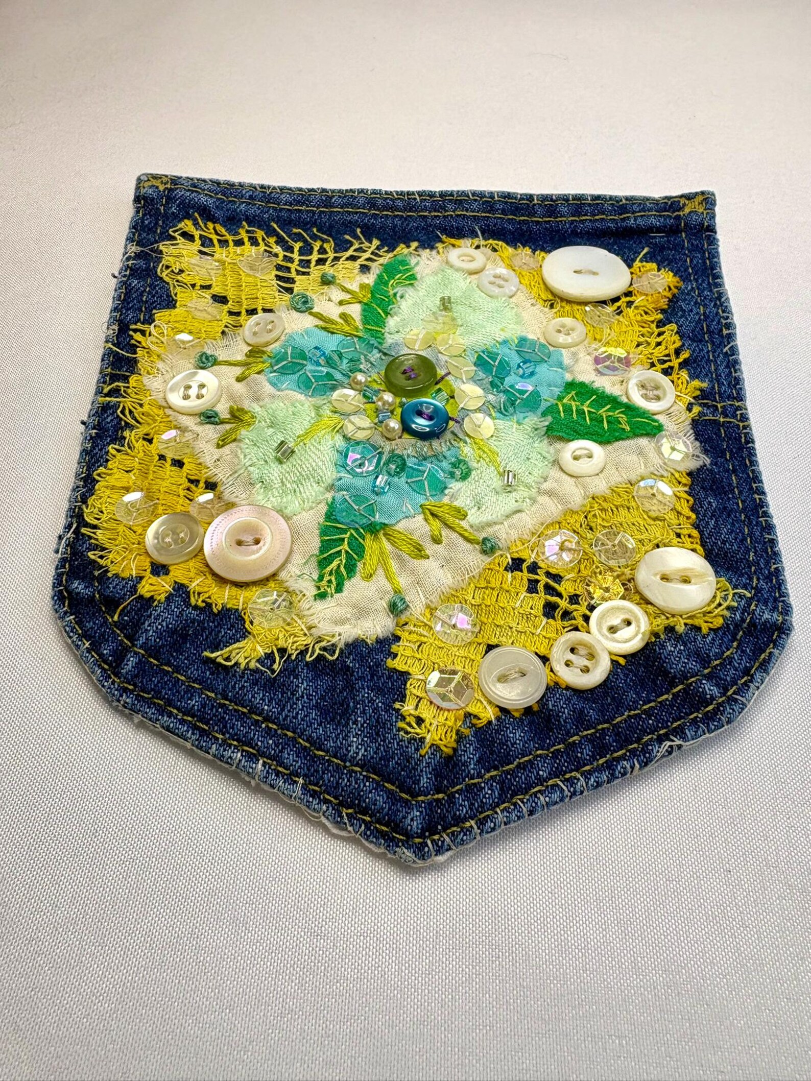 Upcycled Denim Pocket Patch – Appliqued Floral Design, Vintage Buttons ...