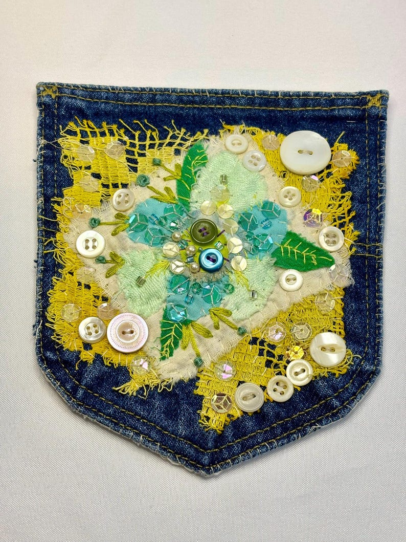 Upcycled Denim Pocket Patch – Appliqued Floral Design, Vintage Buttons ...