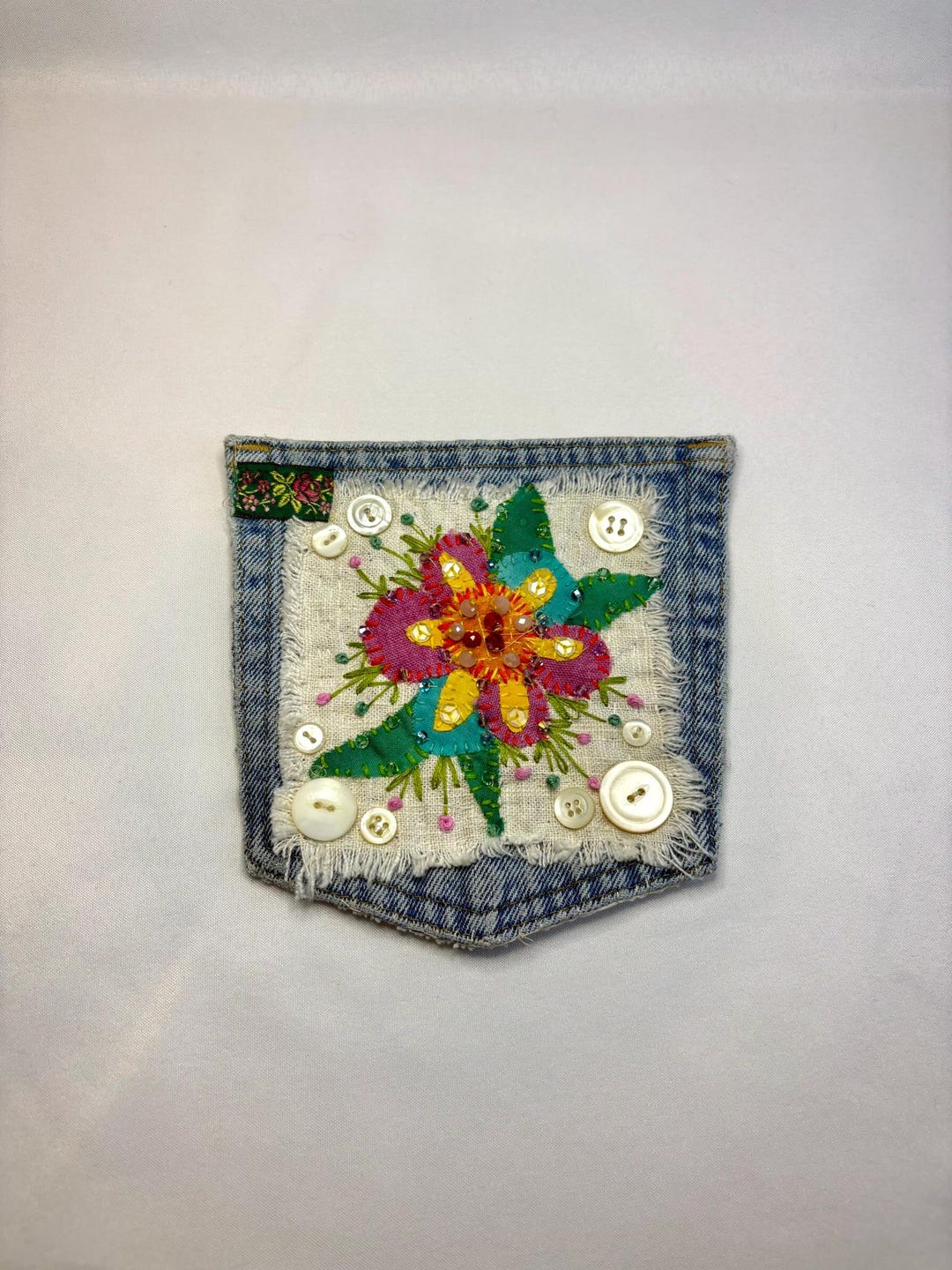 Upcycled Denim Pocket Patch #13 - Appliqued Floral Design - Buttons ...