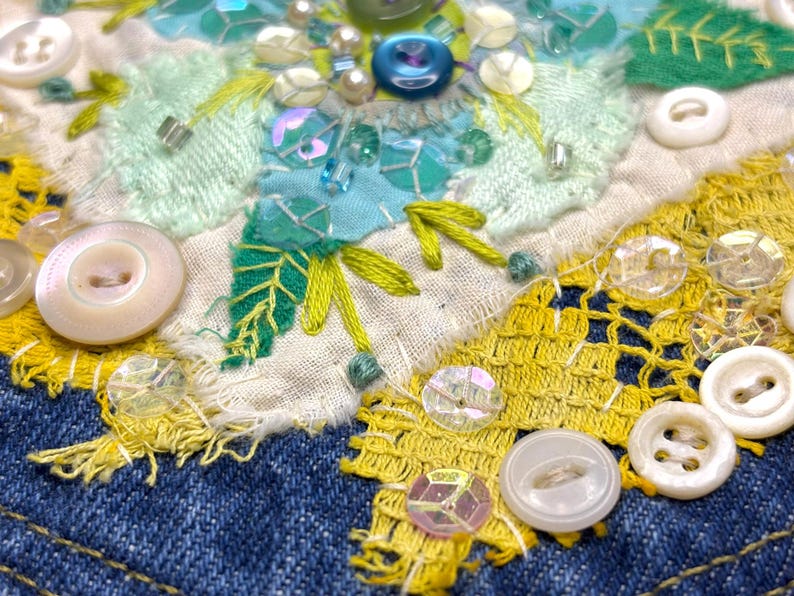 Upcycled Denim Pocket Patch – Appliqued Floral Design, Vintage Buttons ...