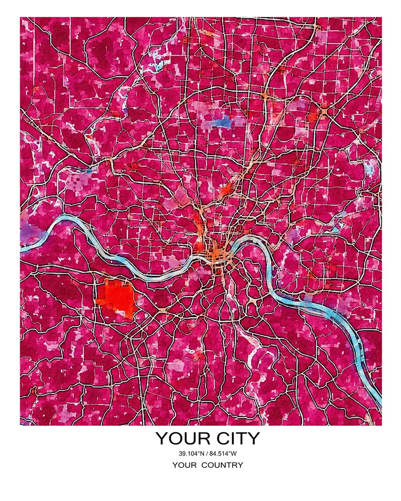 Printable Watercolor City Map, Custom City Map, Any Town, Personalized ...
