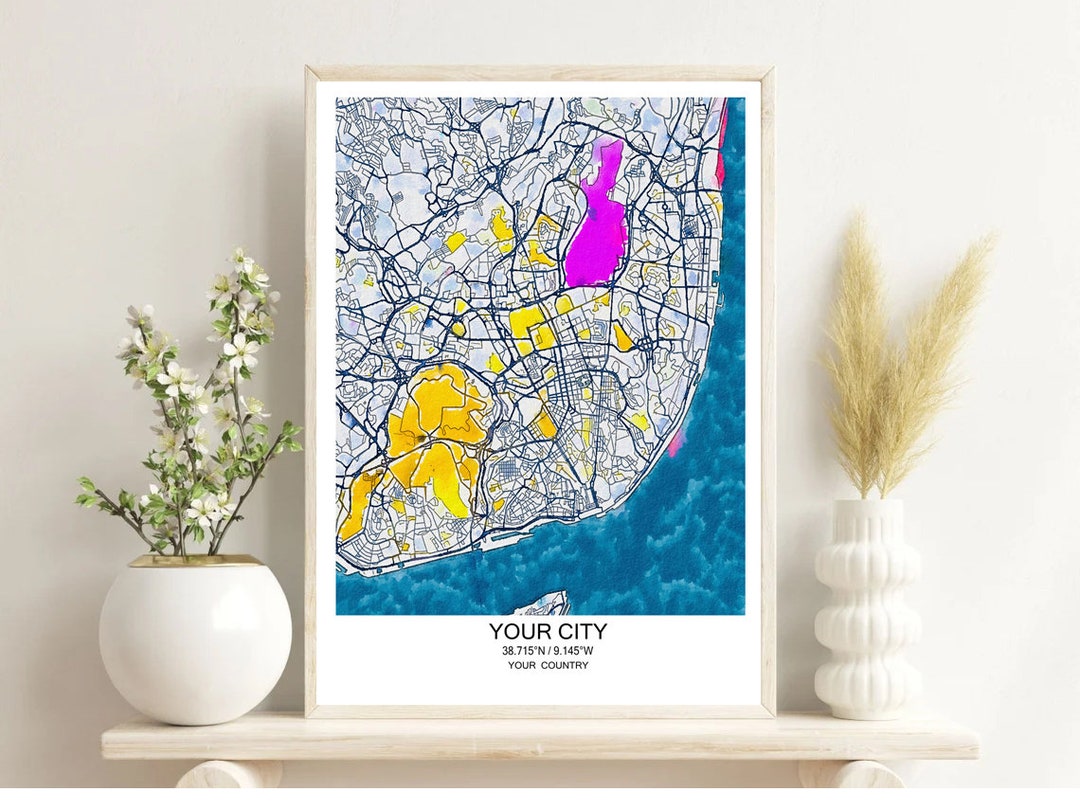 Printable Watercolor City Map, Custom City Map, Any Town, Personalized ...