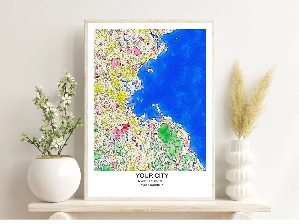 Printable Watercolor City Map, Custom City Map, Any Town, Personalized Map, Custom Map Print ...