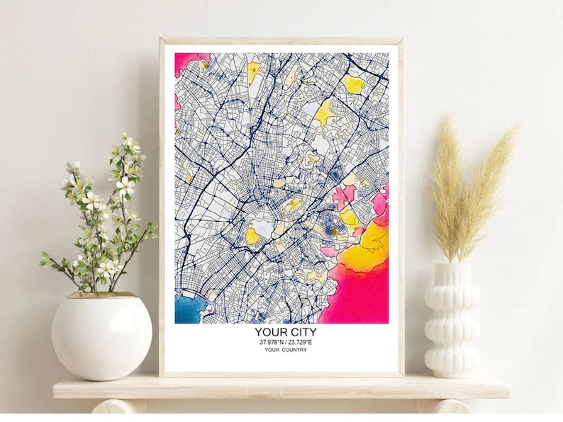 Printable Watercolor City Map, Custom City Map, Any Town, Personalized ...