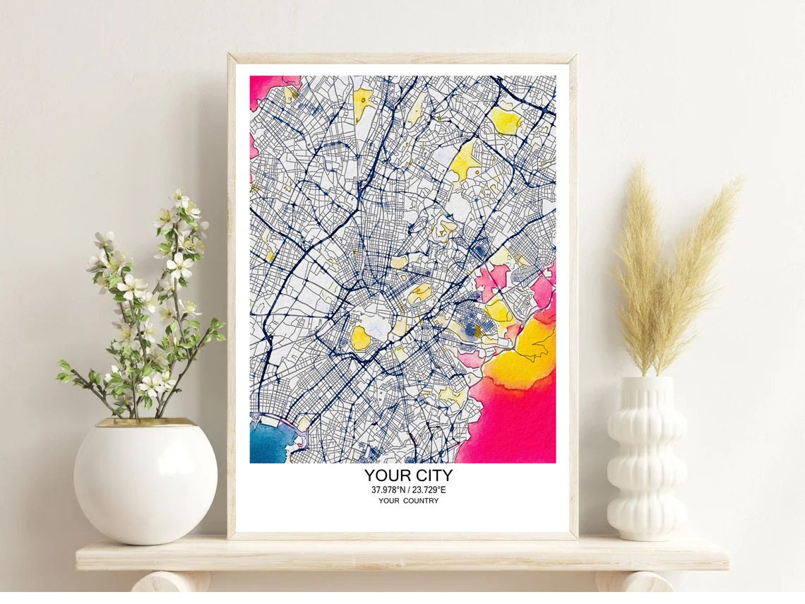 Printable Watercolor City Map, Custom City Map, Any Town, Personalized ...