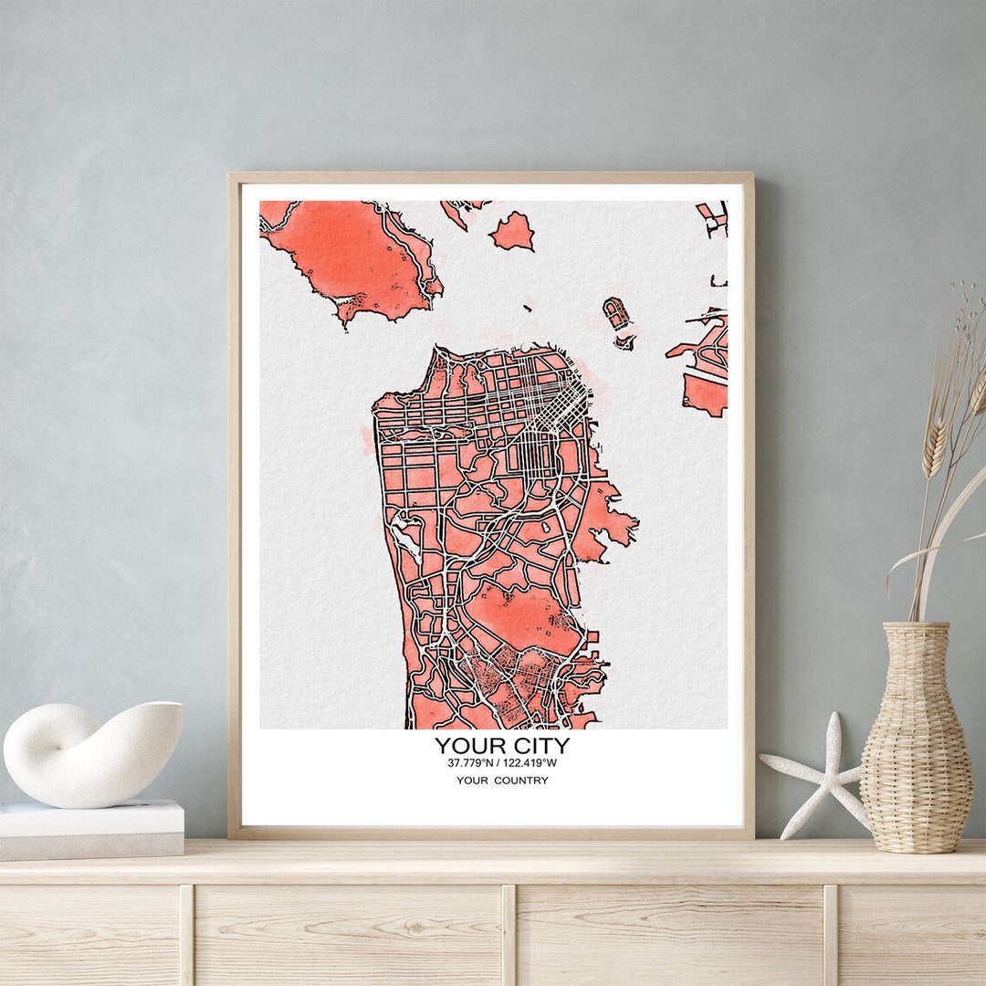 Printable Watercolor City Map, Custom City Map, Any Town, Personalized ...
