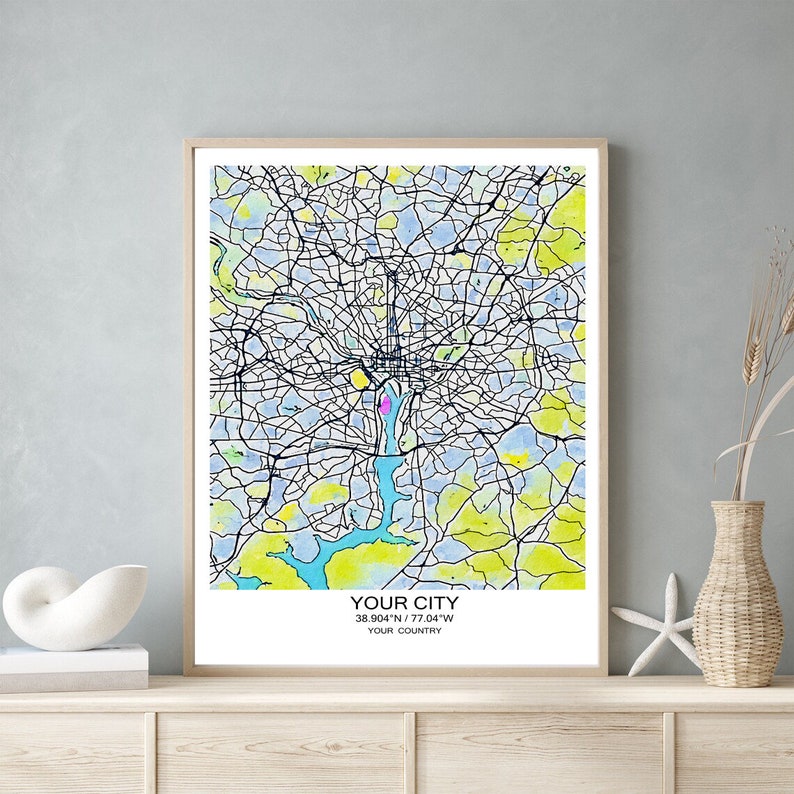 Printable Watercolor City Map, Custom City Map, Any Town, Personalized ...