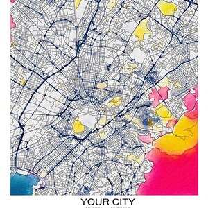 Printable Watercolor City Map, Custom City Map, Any Town, Personalized ...