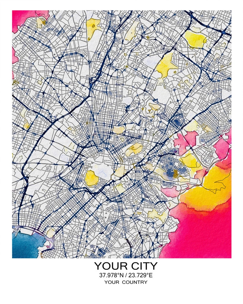 Printable Watercolor City Map, Custom City Map, Any Town, Personalized ...