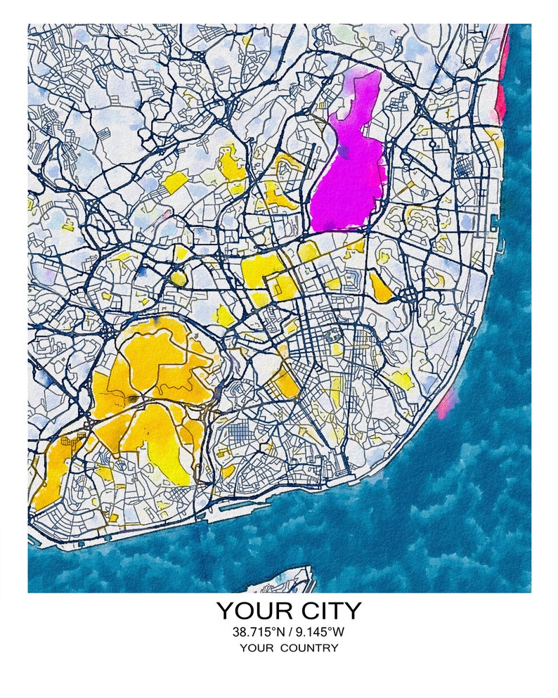 Printable Watercolor City Map, Custom City Map, Any Town, Personalized ...
