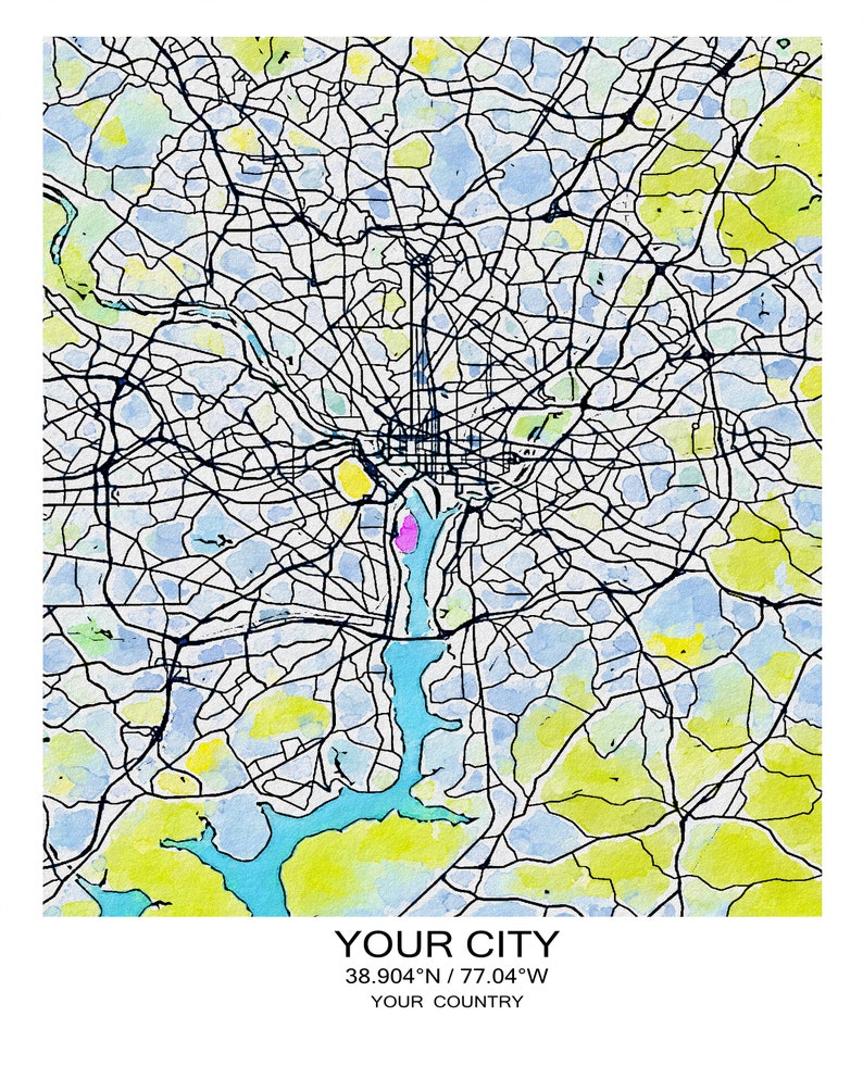 Printable Watercolor City Map, Custom City Map, Any Town, Personalized ...