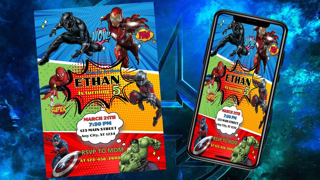 Avengers Birthday Invitation Boy Editable Template Calling Card ...