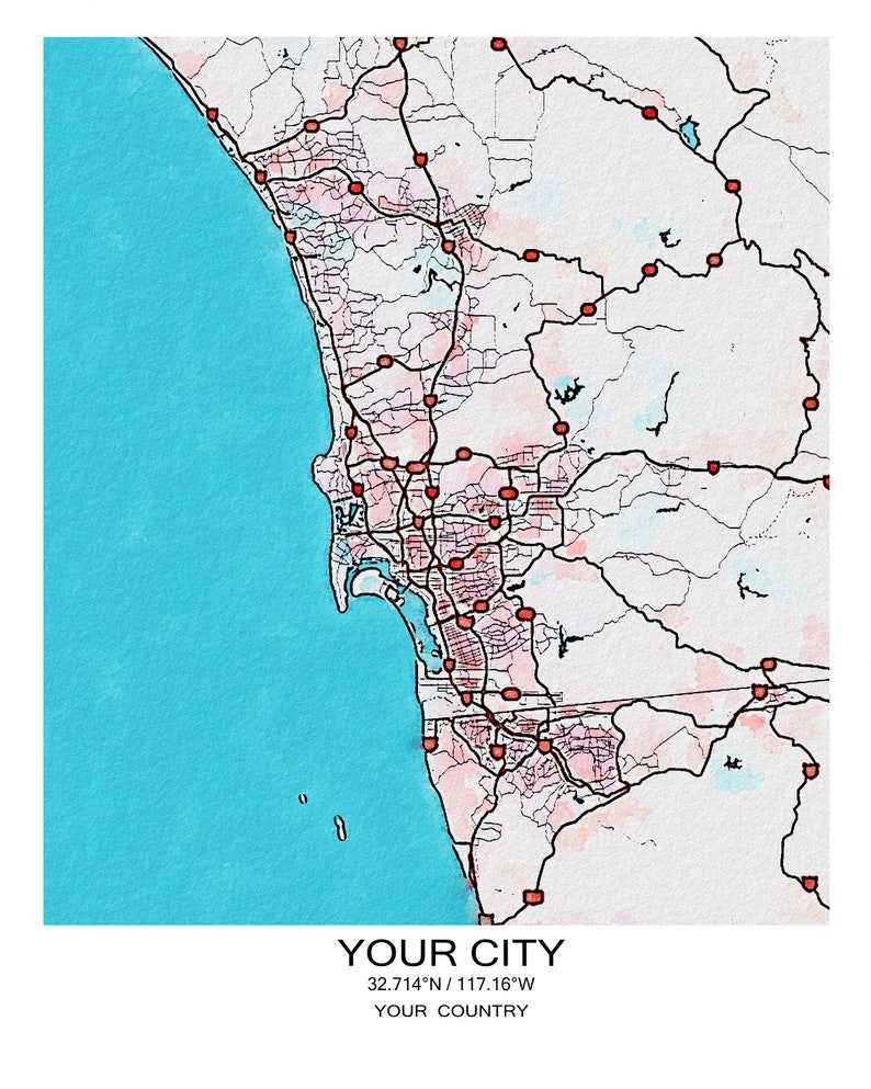 Printable Watercolor City Map, Custom City Map, Any Town, Personalized ...