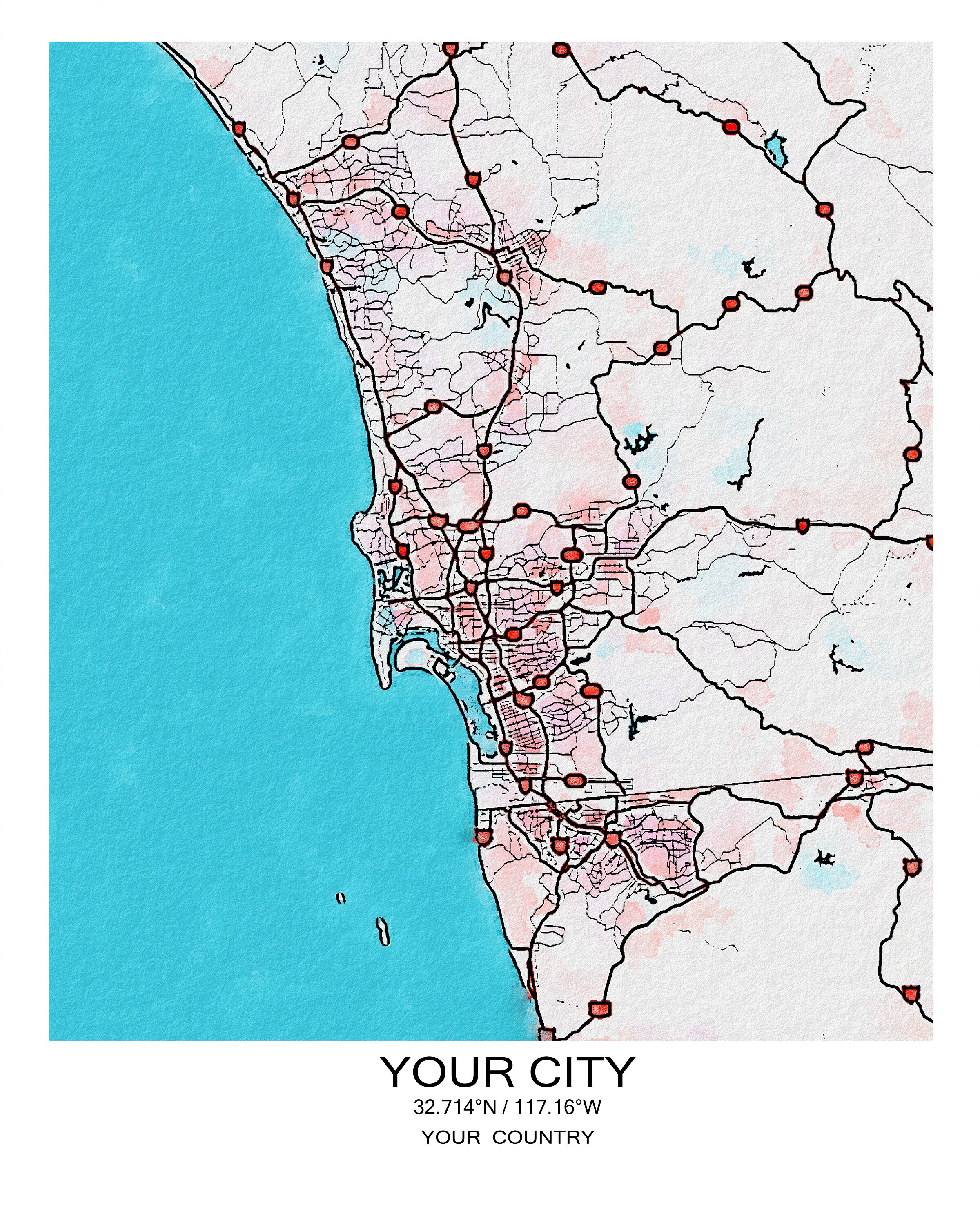 Printable Watercolor City Map, Custom City Map, Any Town, Personalized ...