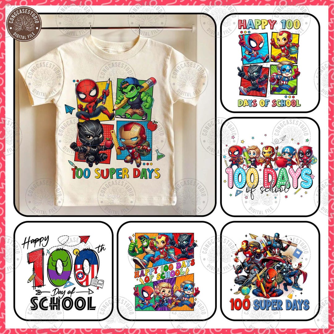 8 Superhero 100 Days of School Png Bundle, Cartoon School Png, 100 Days ...
