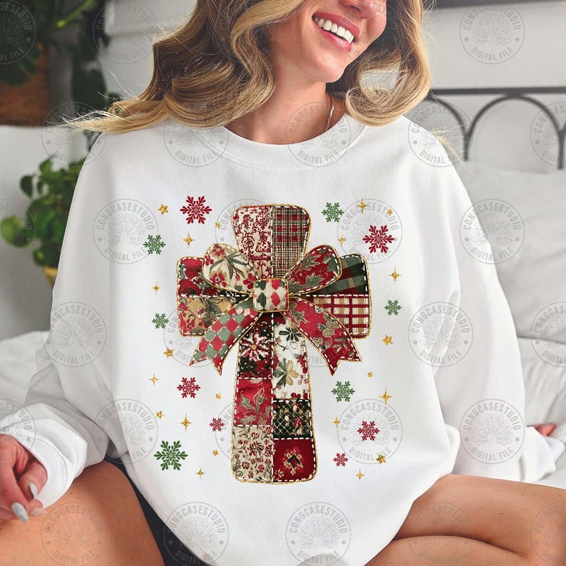 Patchwork Christmas Cross PNG: Trendy Christian Coquette Bow Religious ...