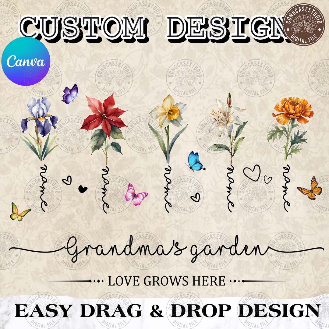 Grandma's Garden Birth Flower Canva Editable, Personalized Gift for ...