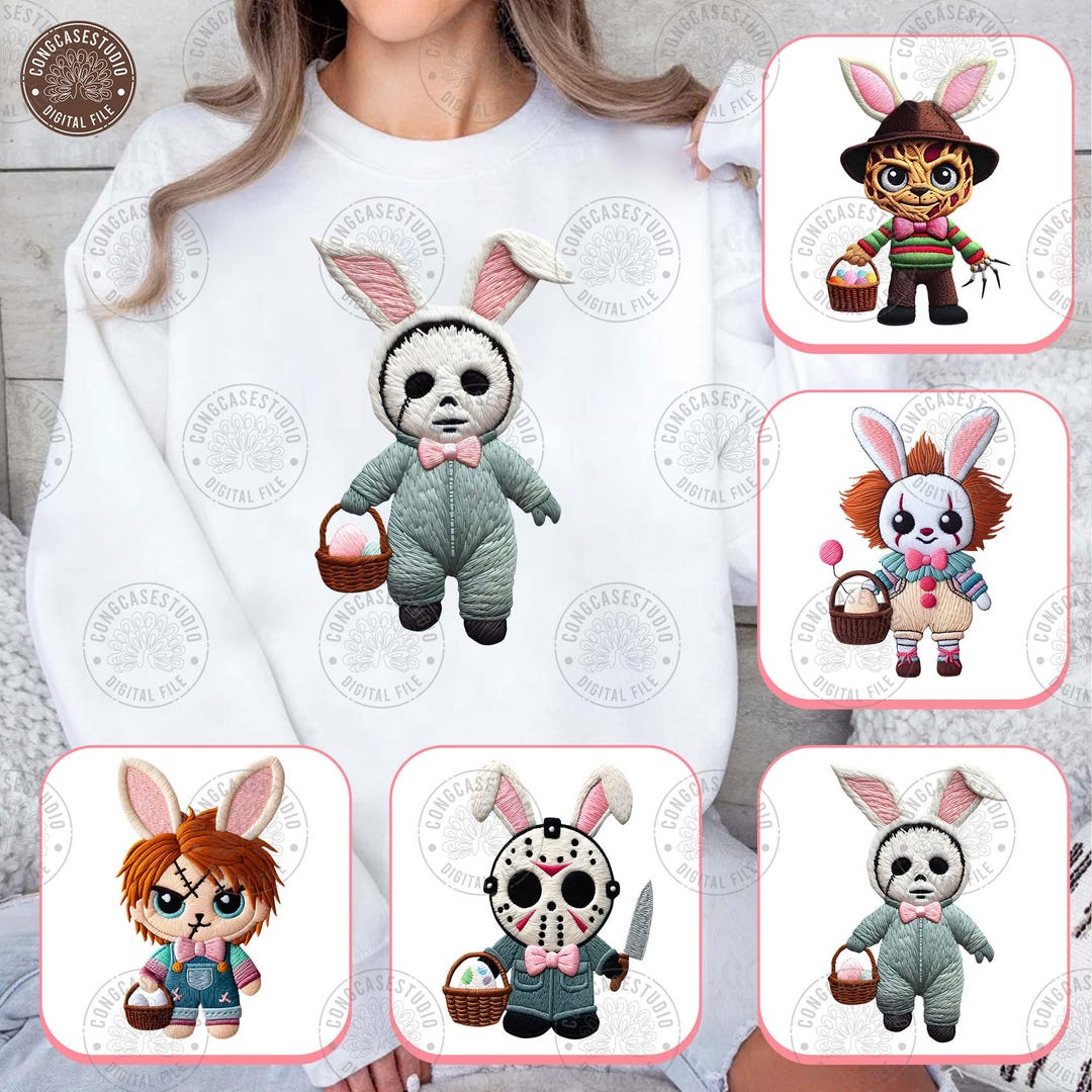 Horror Easter Bunny Embroidery Png Bundle, Retro Easter Horror Bunny ...