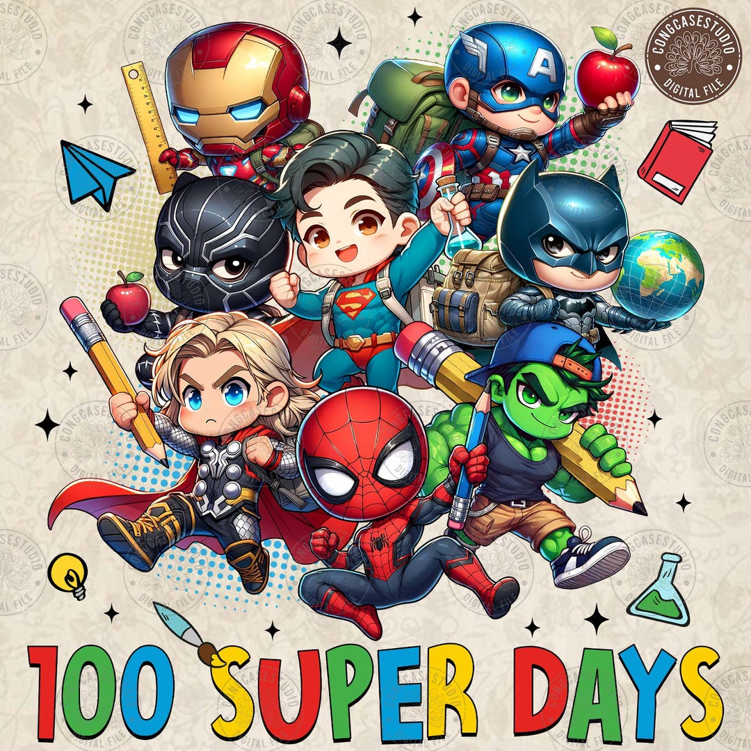 Superhero 100 Days of School Png, Cartoon School Png, 100 Super Days ...