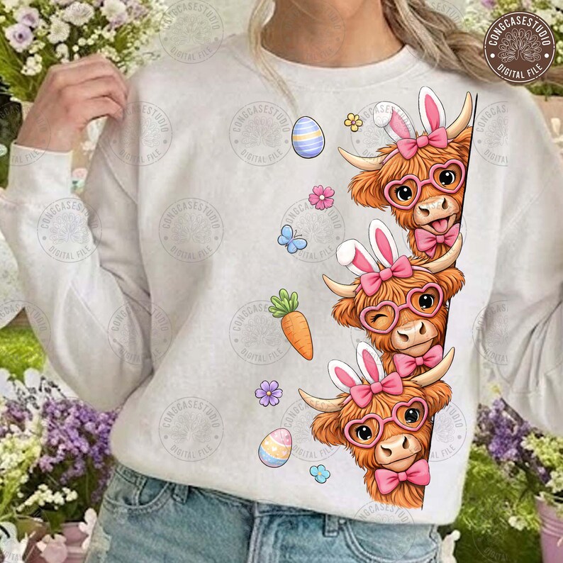 Highland Cow Easter PNG: Retro Western Easter With Cute Bunny Cow Ears ...