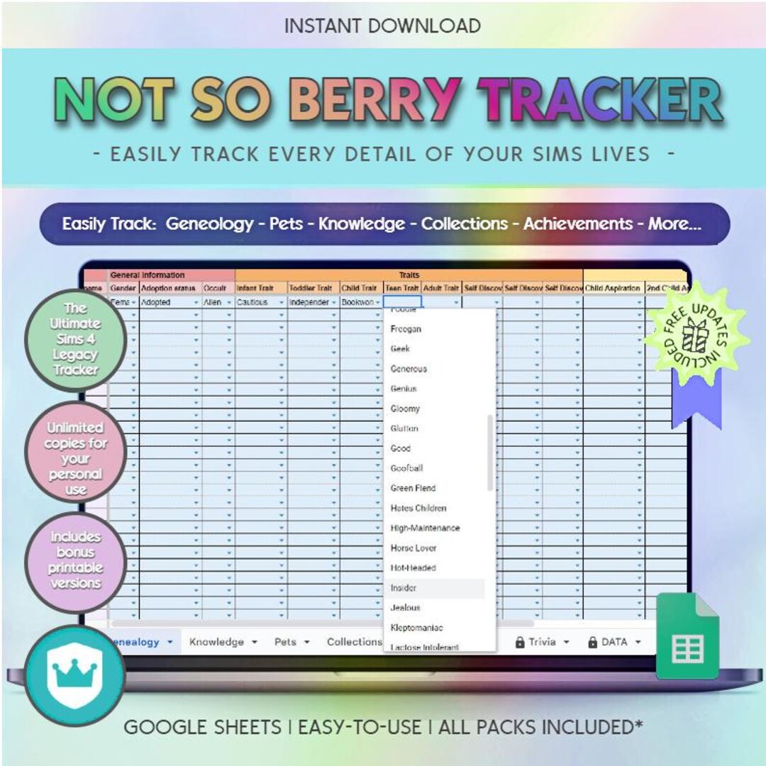 Sims 4 Not so Berry Challenge Tracker, Legacy Spreadsheet (digital ...