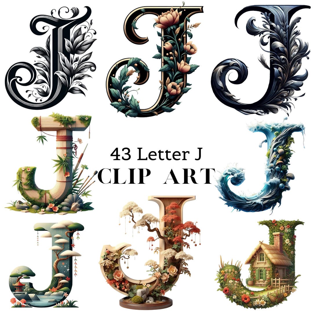 Elegant Letter J Clip Art, Letter J Printable, Decorative Letter J ...