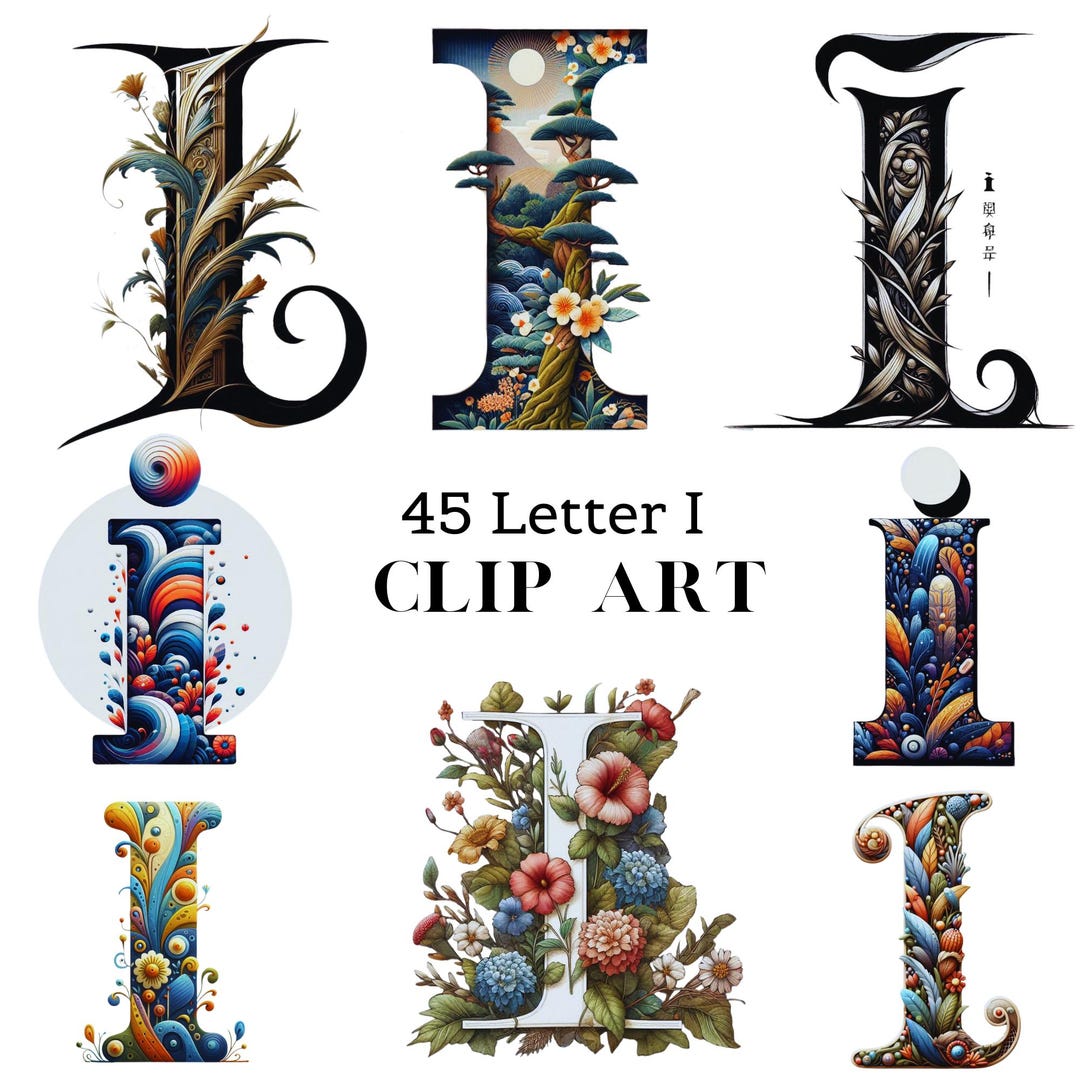 Elegant Letter I Clip Art, Letter I Printable, Decorative Letter I ...