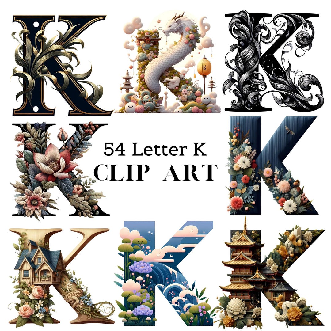 Elegant Letter K Clip Art, Letter K Printable, Decorative Letter K ...