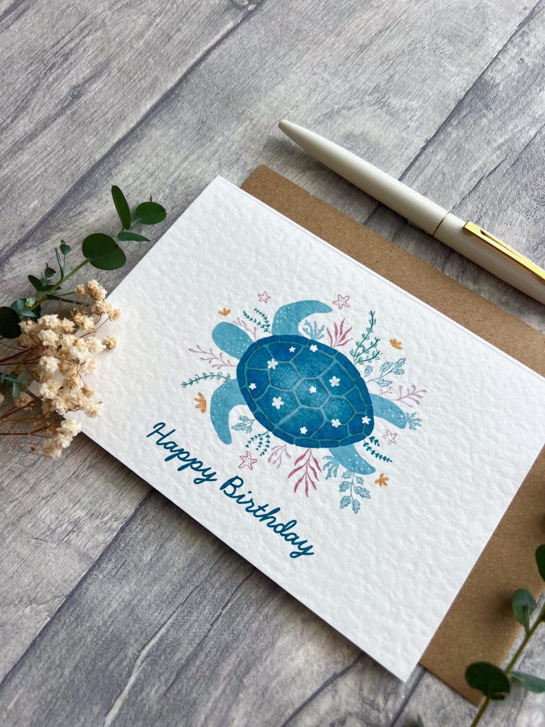 Floral Sea Turtle Birthday Card - Beautiful Turtle Blank Card, Under ...