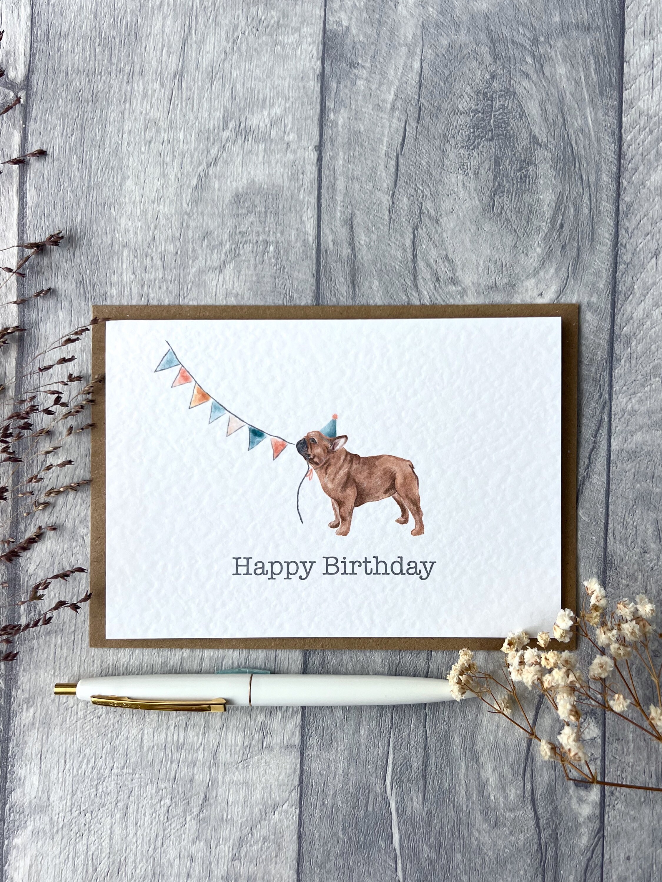 Party Frenchie Birthday Card - Cute Red French Bulldog With Party Pom ...