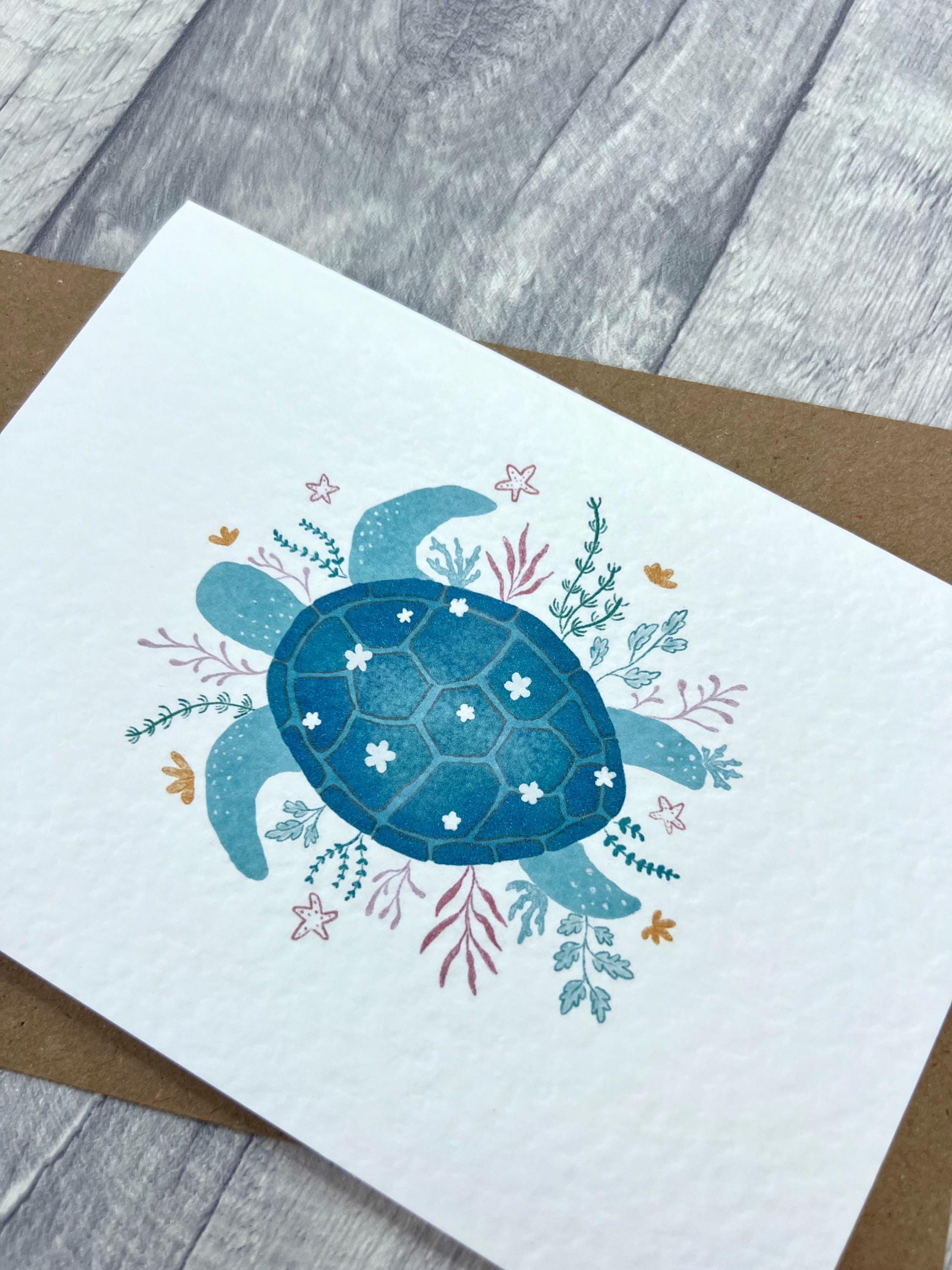 Floral Sea Turtle Greeting Card - Beautiful Turtle Blank Card, Under ...