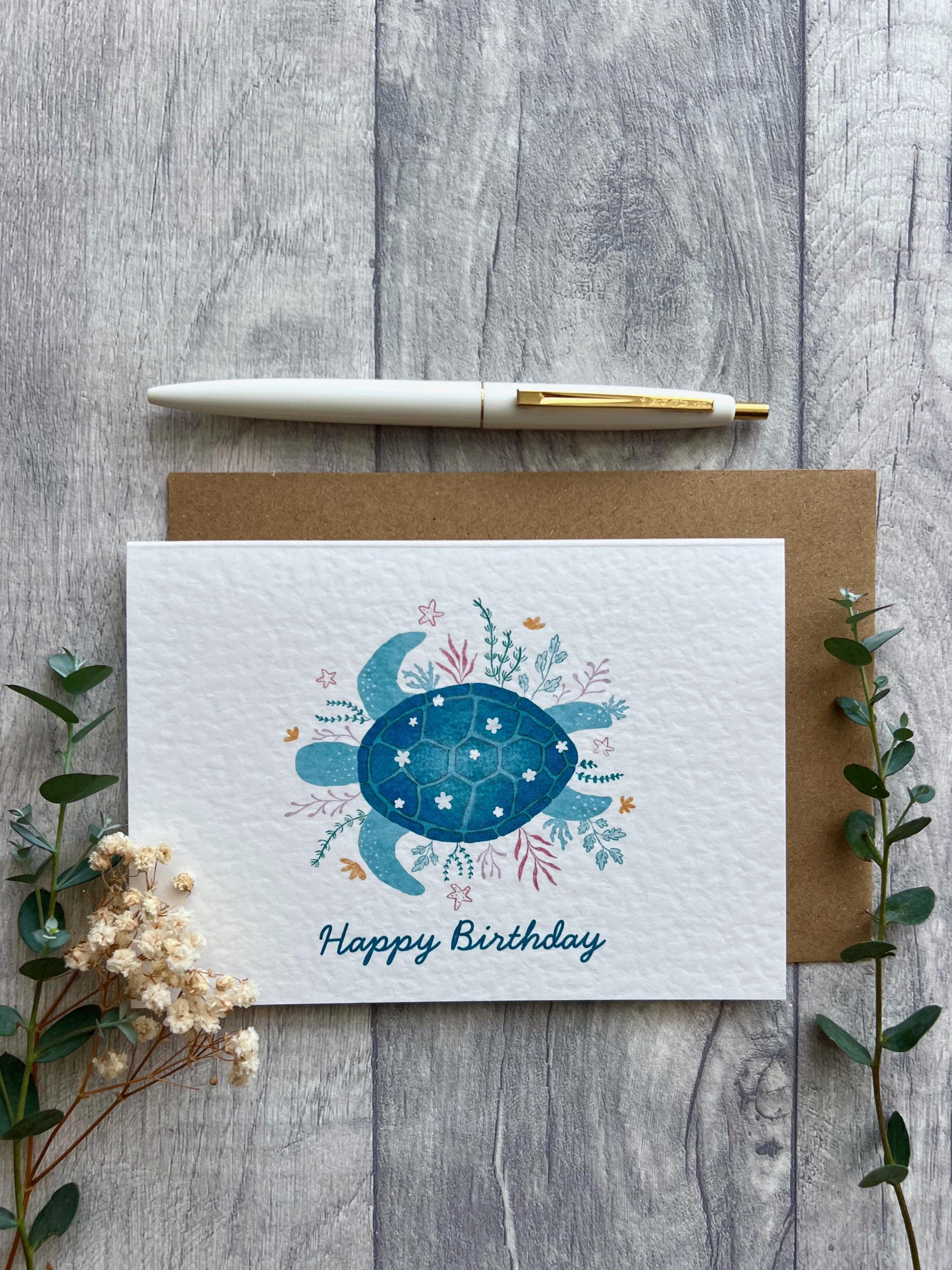 Floral Sea Turtle Birthday Card - Beautiful Turtle Blank Card, Under ...