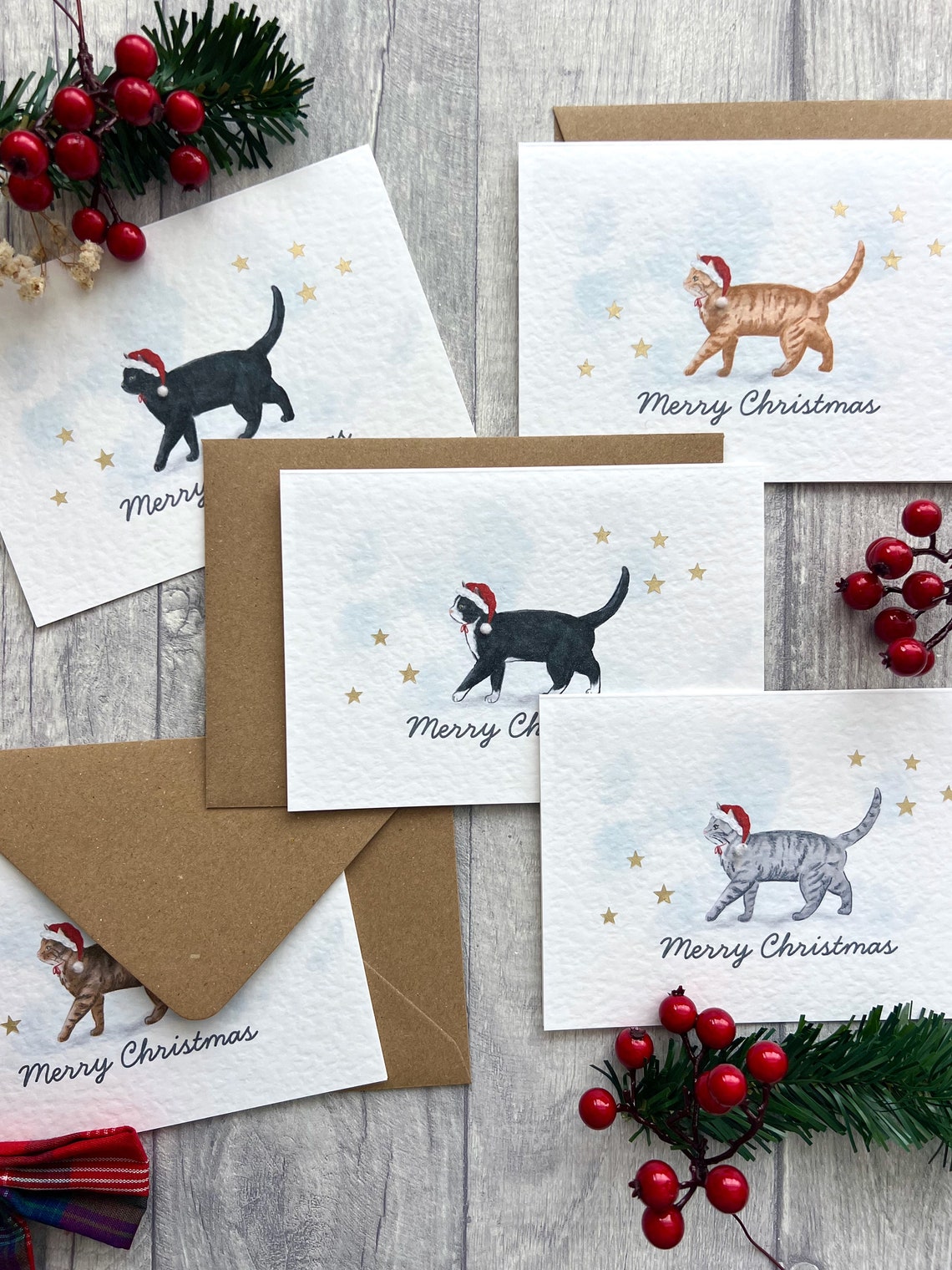 Cute Black Cat Christmas Card Santas Hat, Merry Christmas Personalised ...