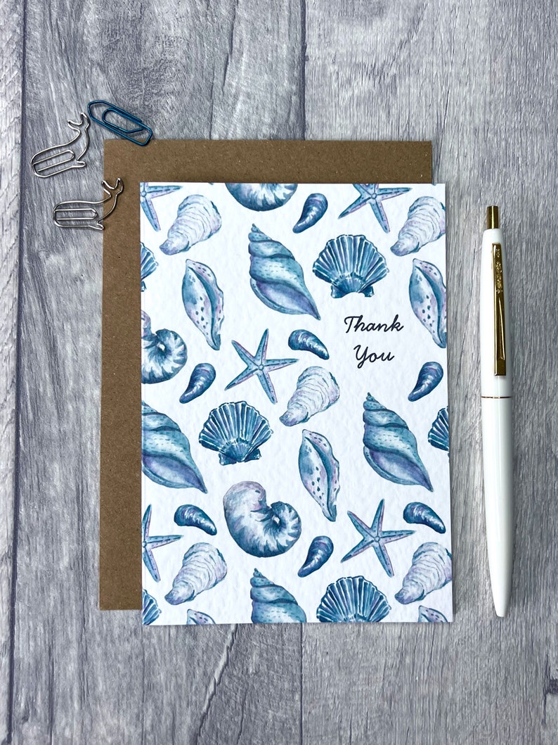 Seashell Pattern Thank You Card Beautiful Blue Watercolour Shell ...