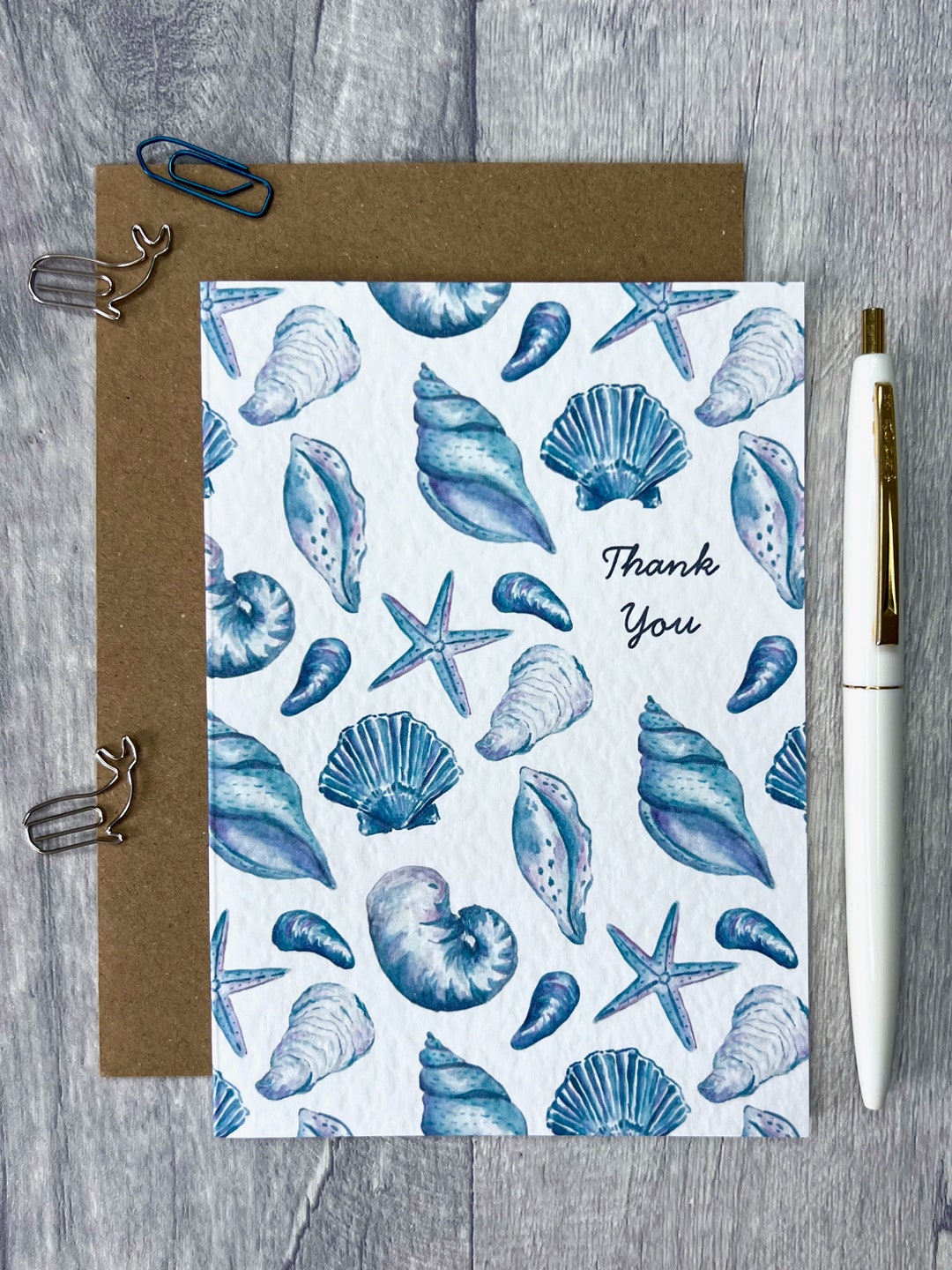 Seashell Pattern Thank You Card - Beautiful Blue Watercolour Shell ...