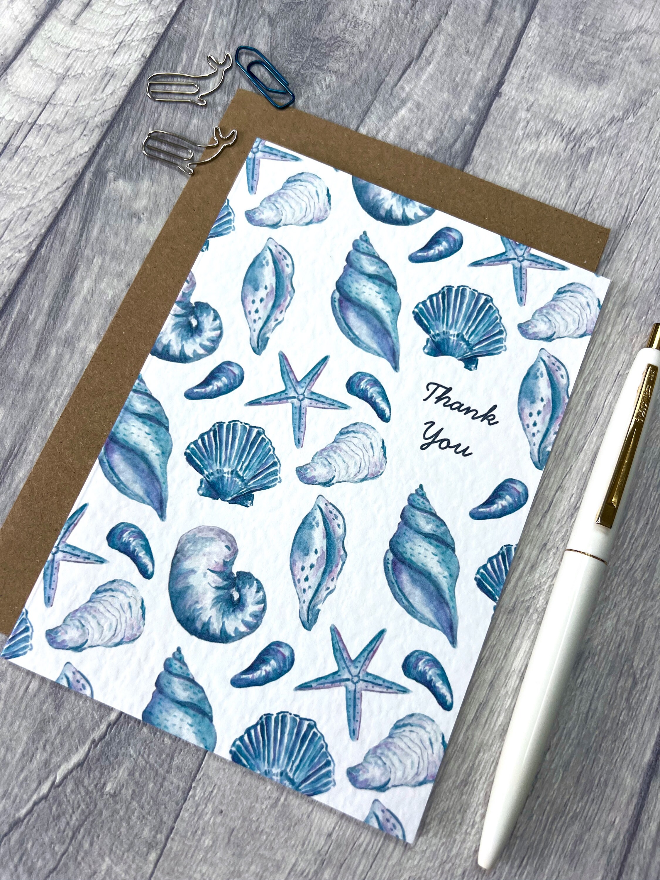 Seashell Pattern Thank You Card - Beautiful Blue Watercolour Shell ...