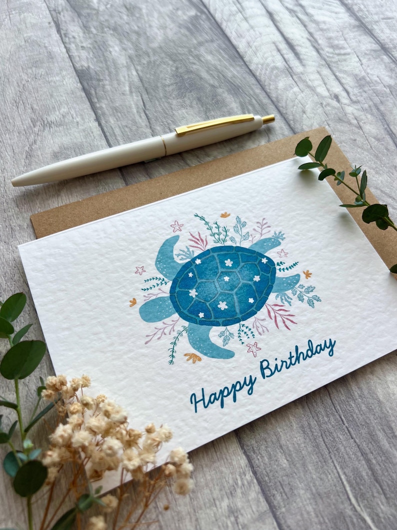 Floral Sea Turtle Birthday Card - Beautiful Turtle Blank Card, Under ...