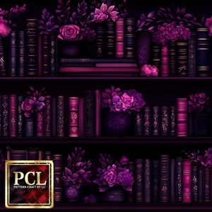 Dark Purple Bookshelf Floral Pattern, Vintage Book Wallpaper, Elegant ...