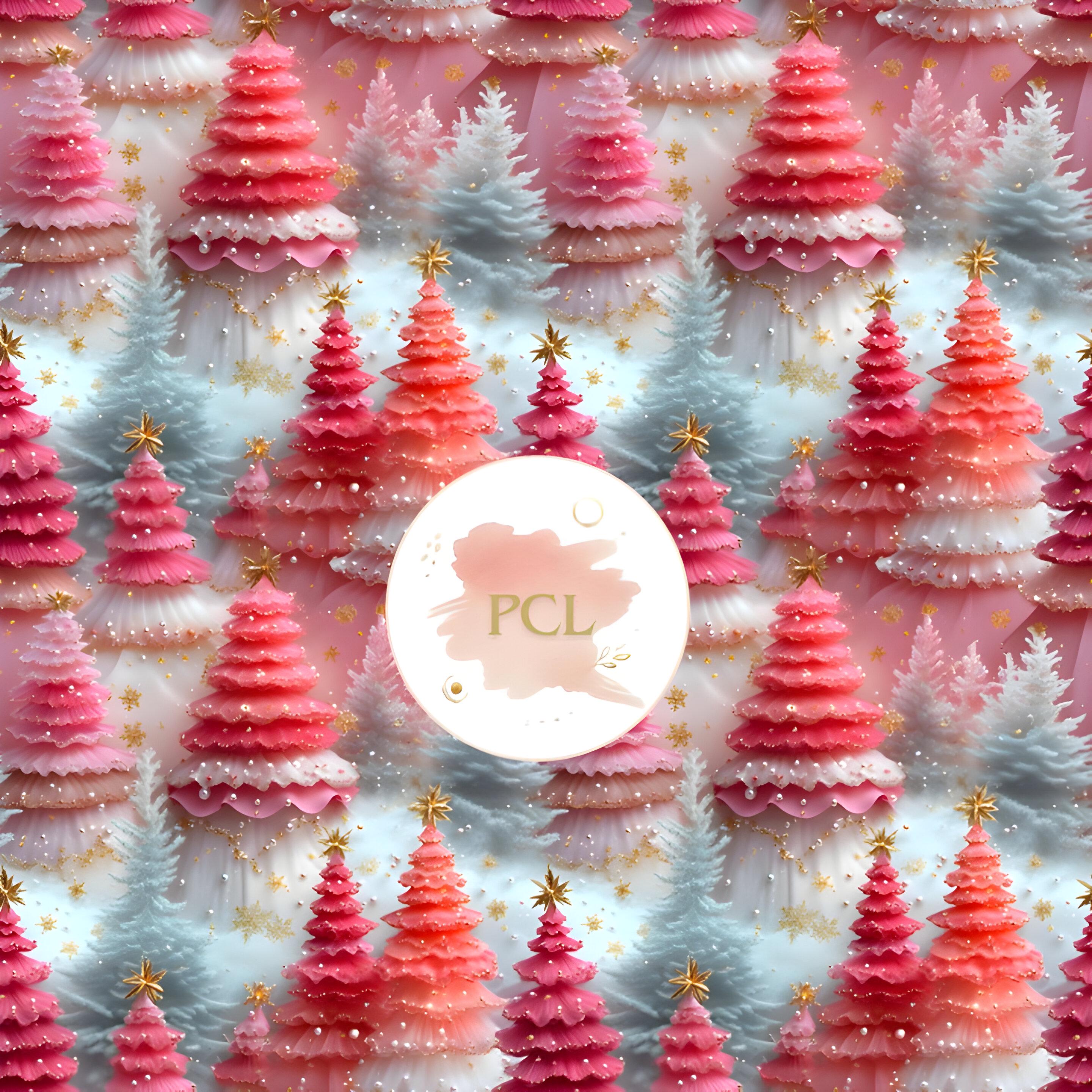 3D Pink Trees Digital Paper - Red & Gold Glitter Christmas Pastel ...