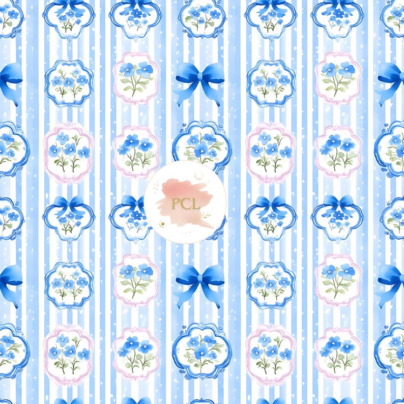 Watercolor Grandmillennial Seamless Patterns, Blue Pastel Floral JPEG ...