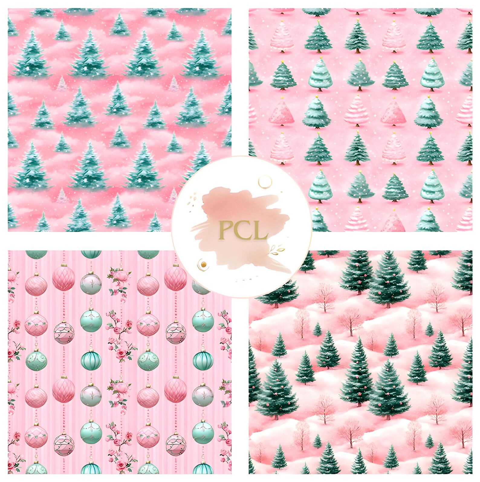Pink Christmas Digital Paper - Romantic Winter Patterns, Holiday Fabric ...