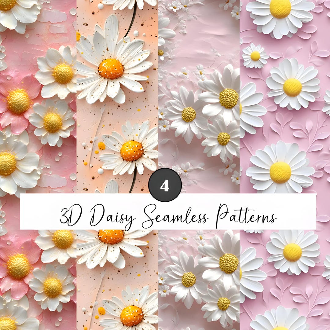 3D Daisy Seamless Pattern, 4 Pink and White Floral Digital Paper, Cute ...