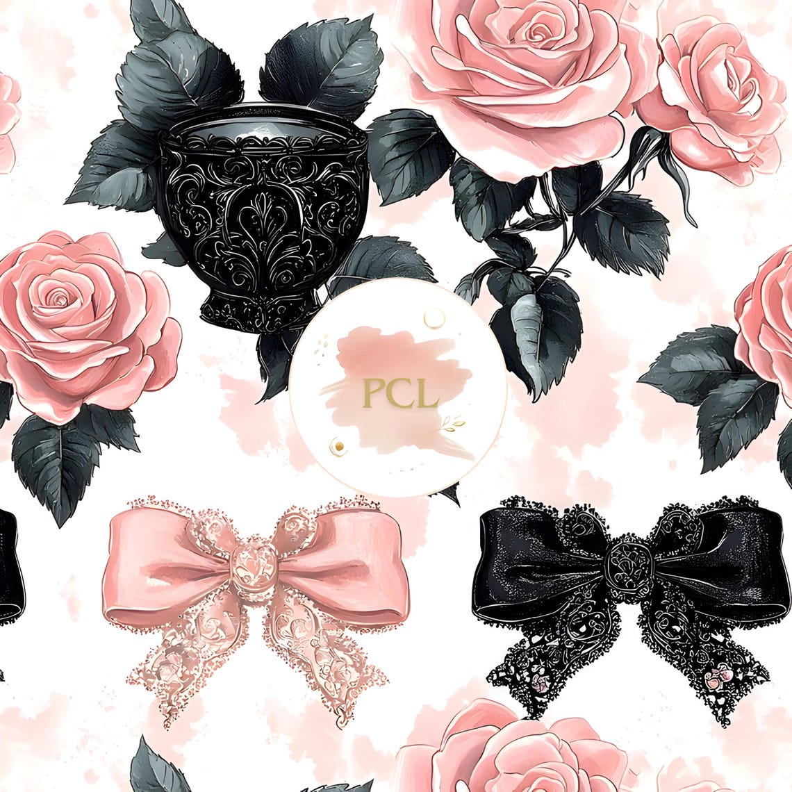 Gothic Rose Digital Paper, Pink Roses & Black Lace Seamless Pattern ...