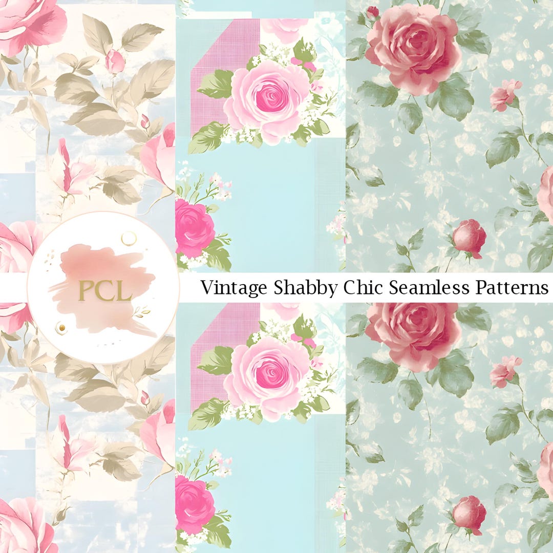 Vintage Shabby Chic Digital Paper Set - Pink Roses Seamless Patterns ...