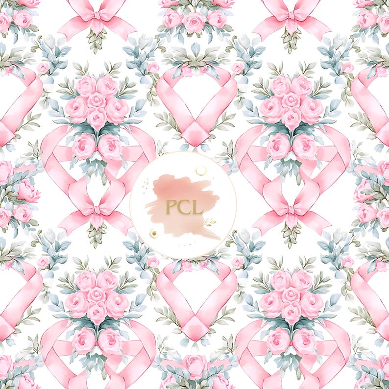 Watercolor Pink Roses and Bows Digital Pattern, Floral Scrapbook Paper ...